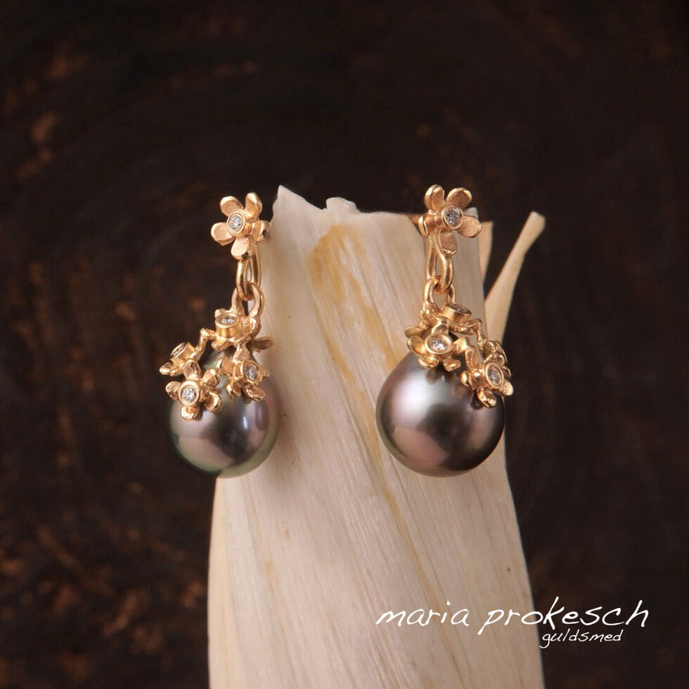 Designsmykke hænge Øreringe, guld, & Tahiti Perler -Blomsterflora